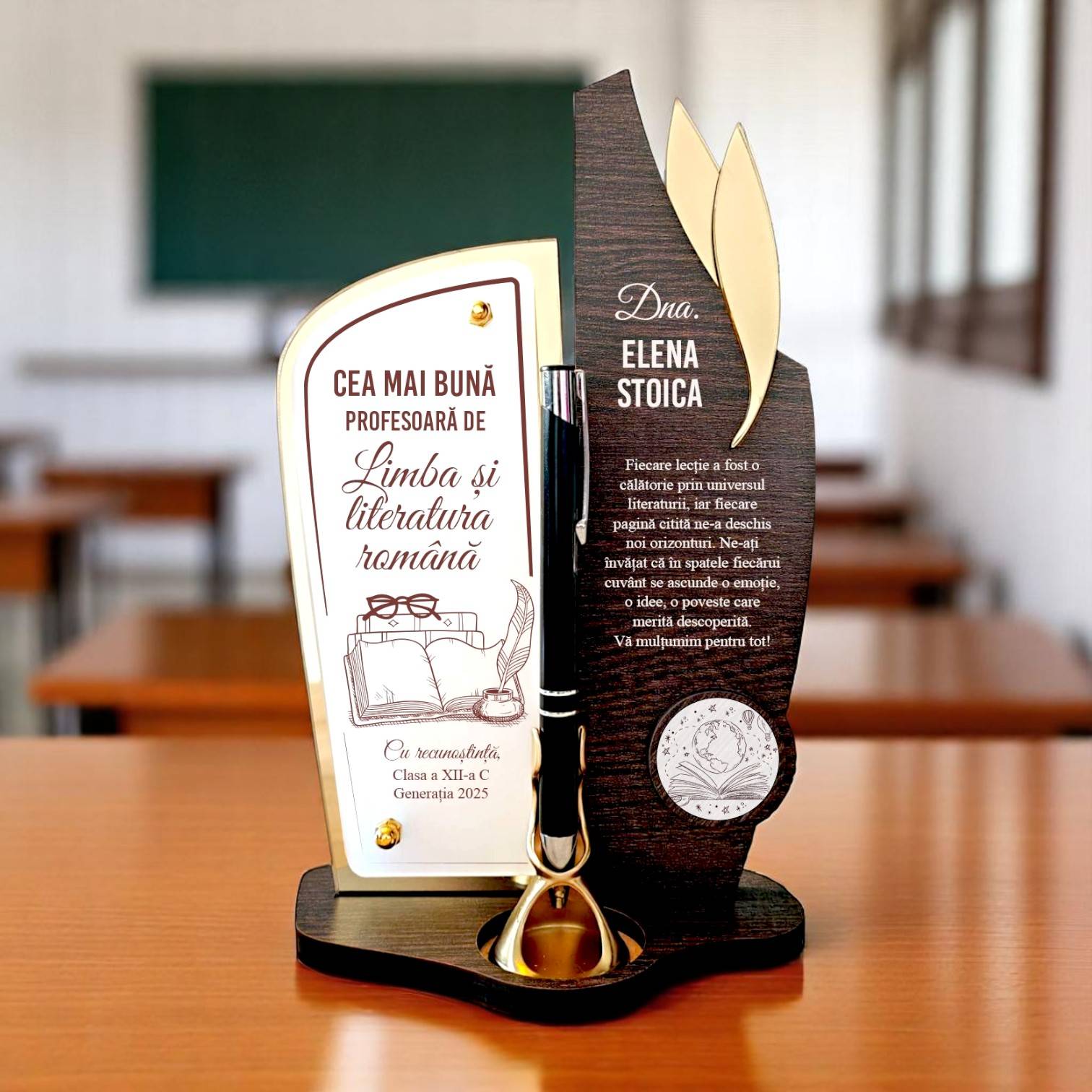 Trofeu personalizat cu pix – Cea mai buna profesoara de limba si ...