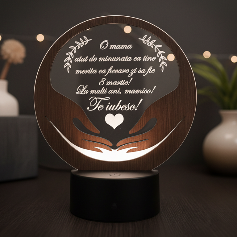 Cadou personalizat Trofeu LED – Placheta imbratisare mama